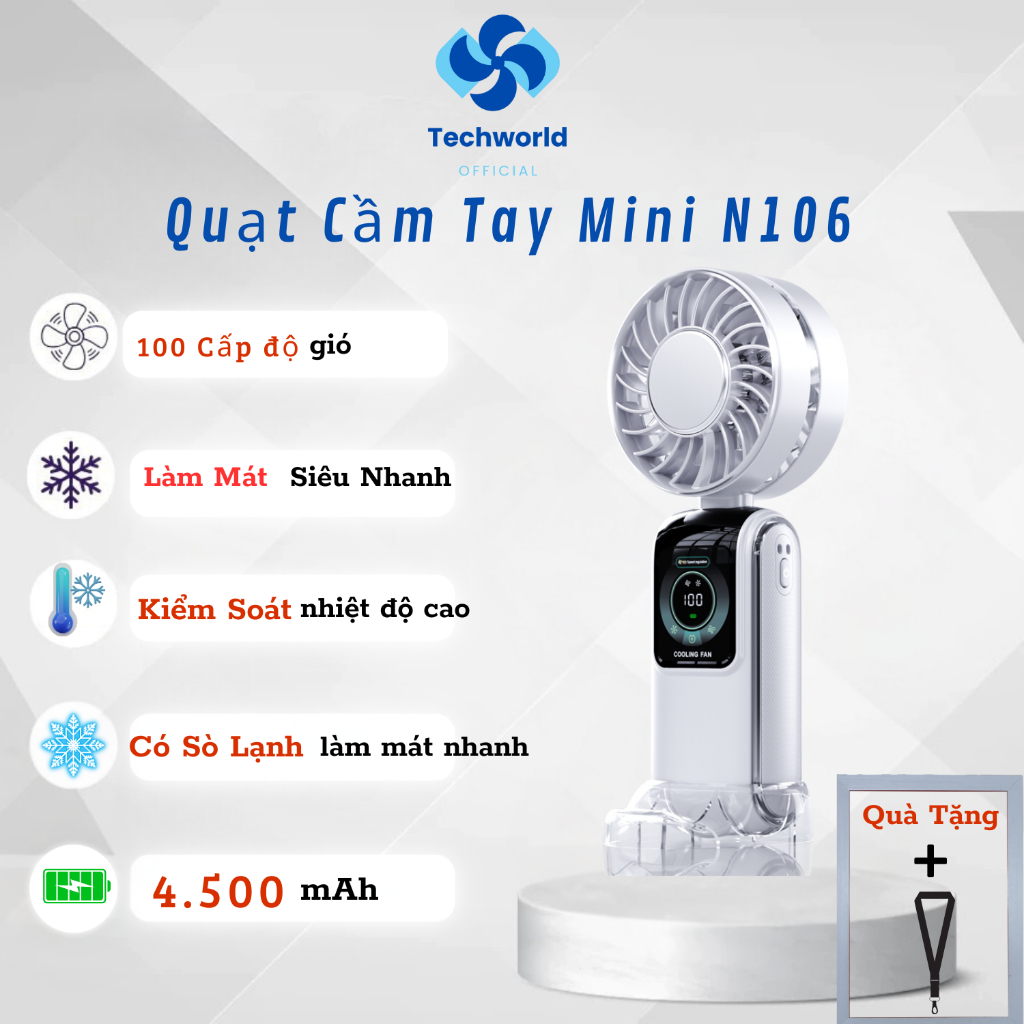 Quạt Cầm Tay Mini Làm Mát Nhanh Techworld N106 - 100 Mức Gió Hiển Thị Kỹ Thuật Số Pin 4500mAh Sử ...