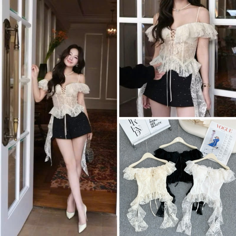[NEW/ SẴN] Áo ren trễ vai voan tua rua thân corset tôn dáng Karen Top ...