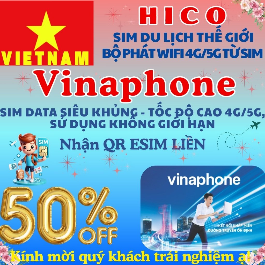 [HICO-HCM] ESIM/ SIM Vinaphone Data 4G/5G TD49 U1500 BIG50Y Trọn Gói 1 Năm Không Cần Nạp Tiền ...