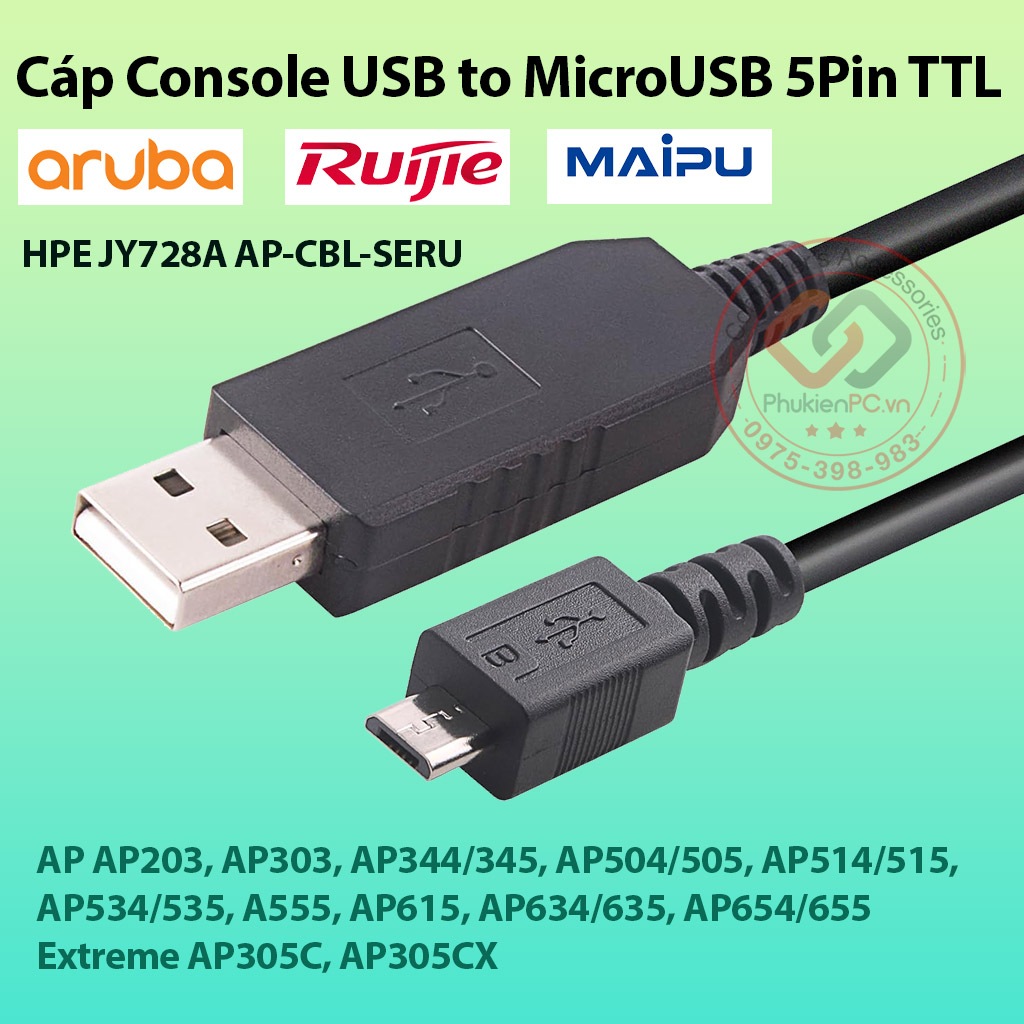 Dây Cáp Aruba Console USB to Micro USB 5Pin HPE JY728A AP-CBL-SERU dài 1.5M tương thích với Win ...