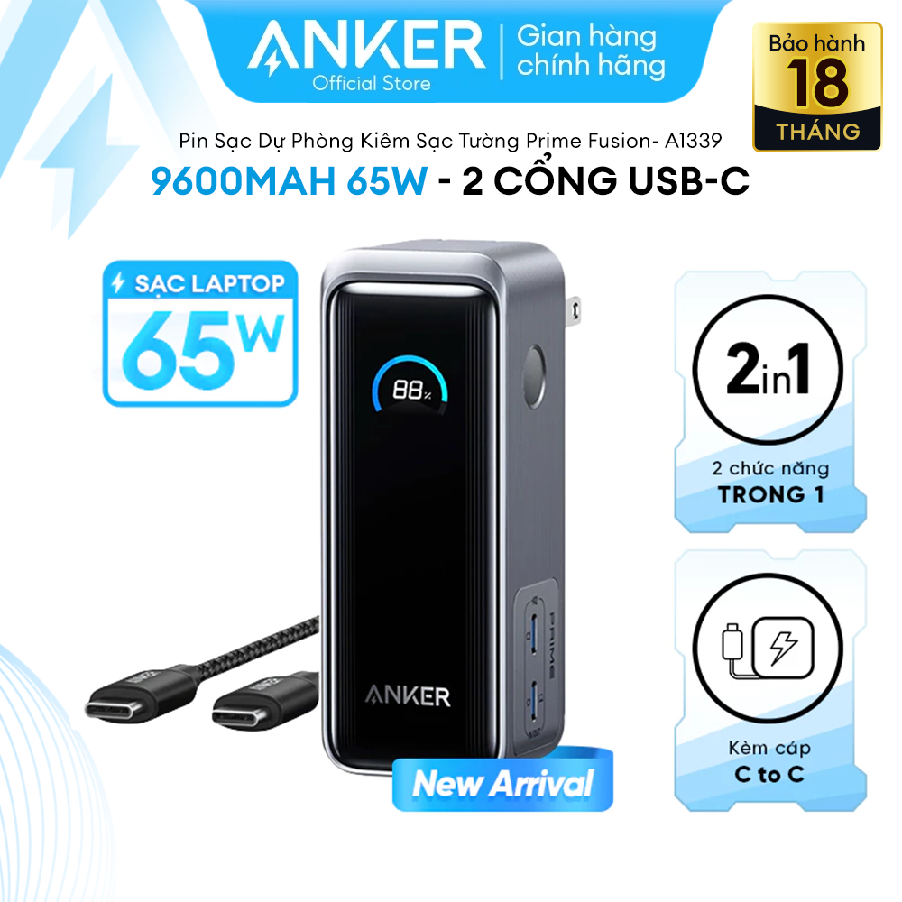 Pin Sạc Dự Phòng Kiêm Sạc Tường ANKER Prime Fusion 9600mAh 65W - 2 cổng USB-C - kèm cáp (CtoC 3 ...