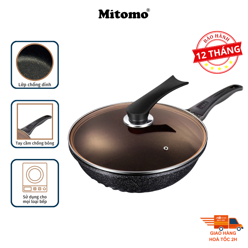 Chảo chống dính Mitomo ULTRA GB48069, đá khoáng y tế chống xước, tay cầm Bakelite siêu bền ...