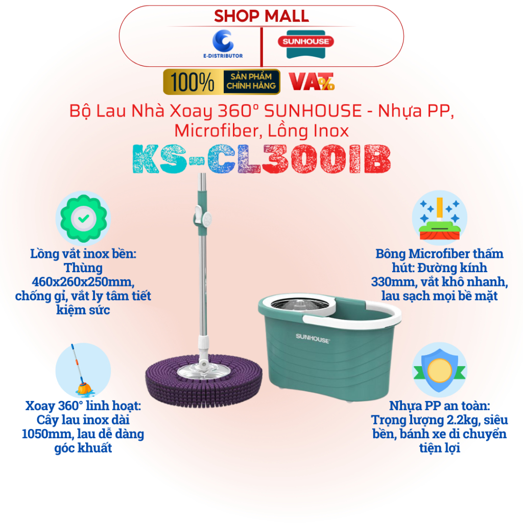 Bộ lau nhà xoay 360° SUNHOUSE KS-CL300IB - Nhựa PP, Microfiber, Lồng ...
