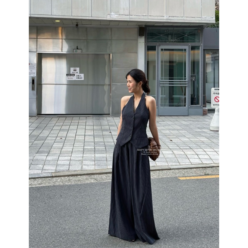 𝐌𝐢𝐬𝐭𝐲 𝐒𝐞𝐭 𝐃𝐚𝐫𝐤 𝐍𝐚𝐯𝐲 | Set Gile Sọc Cổ Yếm ( ảnh chính chủ ) | Shopee Việt Nam