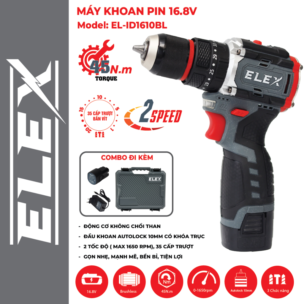 Máy khoan pin ELEX EL-ID1610BL, Không chổi than, Chuyên khoan tường, khoan sắt, gỗ, bắt vít, Có ...