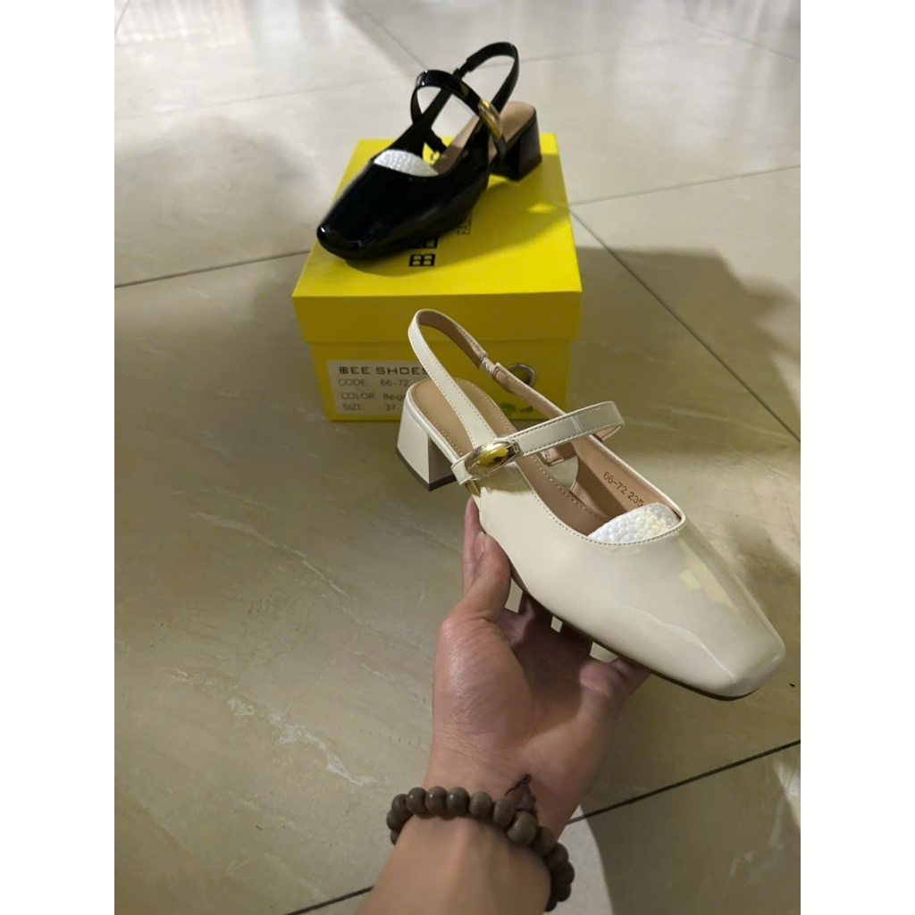 Giày mary jane nữ BEESHOES mũi vuông hở gót đế vuông cao 4 phân sẵn màu kem - đen MJ017 (Form 1. ...