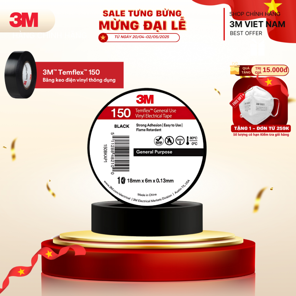 [SSPIC199K - GIẢM 10% ] Băng Keo Điện Vinyl PVC 3M™ Temflex™ 150, Màu Đen, 18 mm x 20 m | Shopee ...