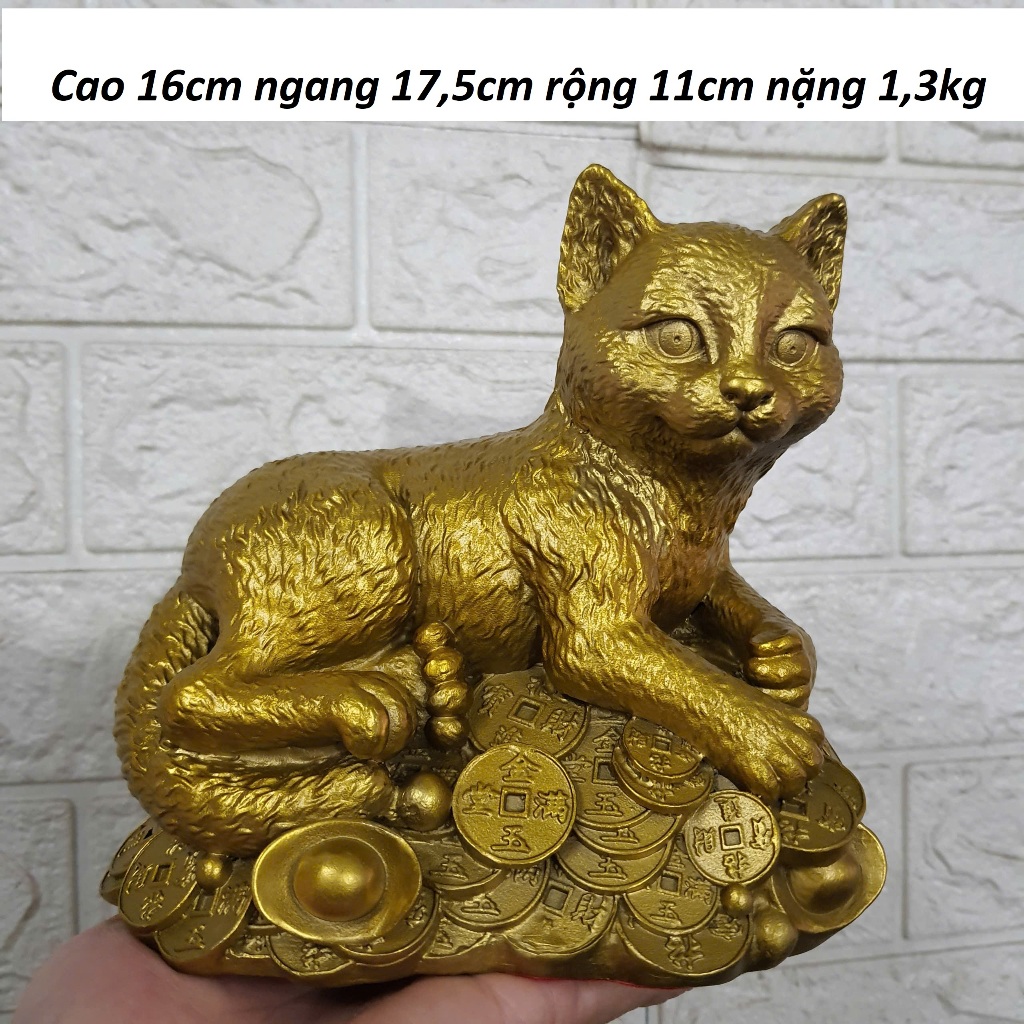 Tượng mèo phong thuỷ nằm trên tiền vàng chất liệu bằng đồng vàng MS72 ...