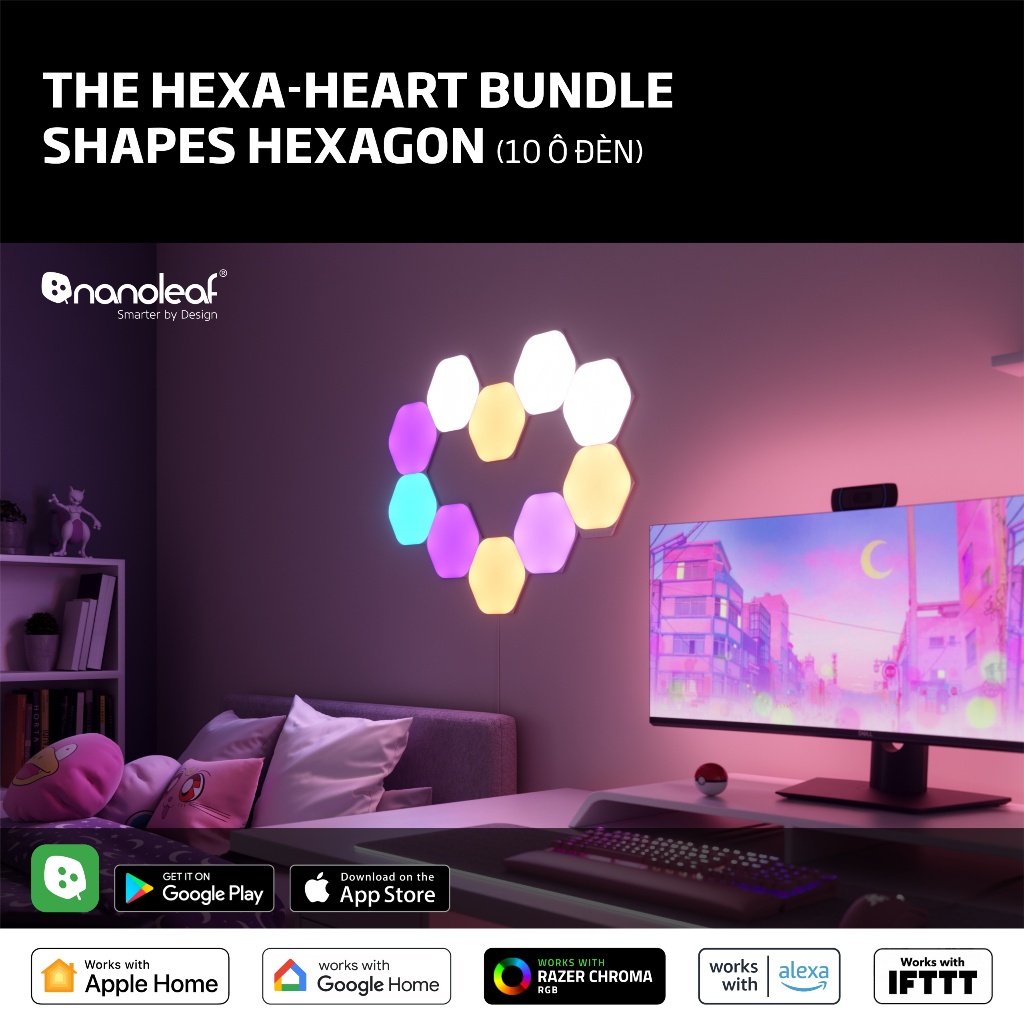 Nanoleaf The Hexa-Heart Bundle Shapes Hexagon - Bộ khởi động 10 ô đèn ...