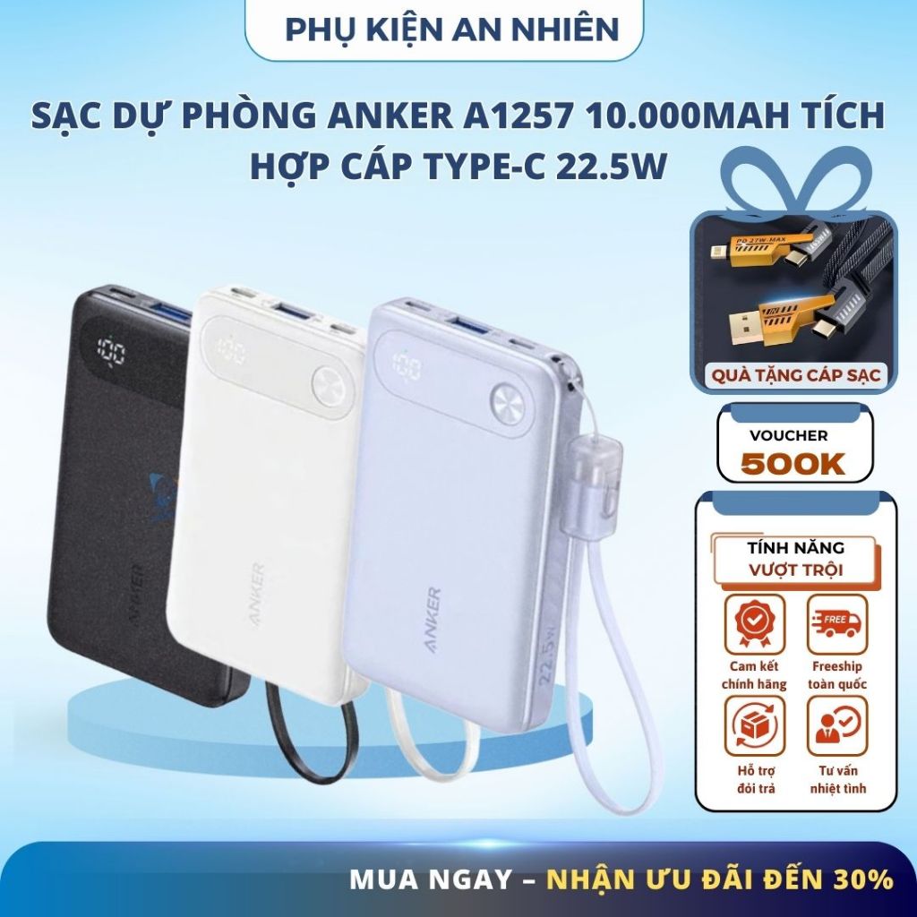 Sạc dự phòng Anker A1257 10.000mah tích hợp cáp type-C 22.5W | Shopee Việt Nam