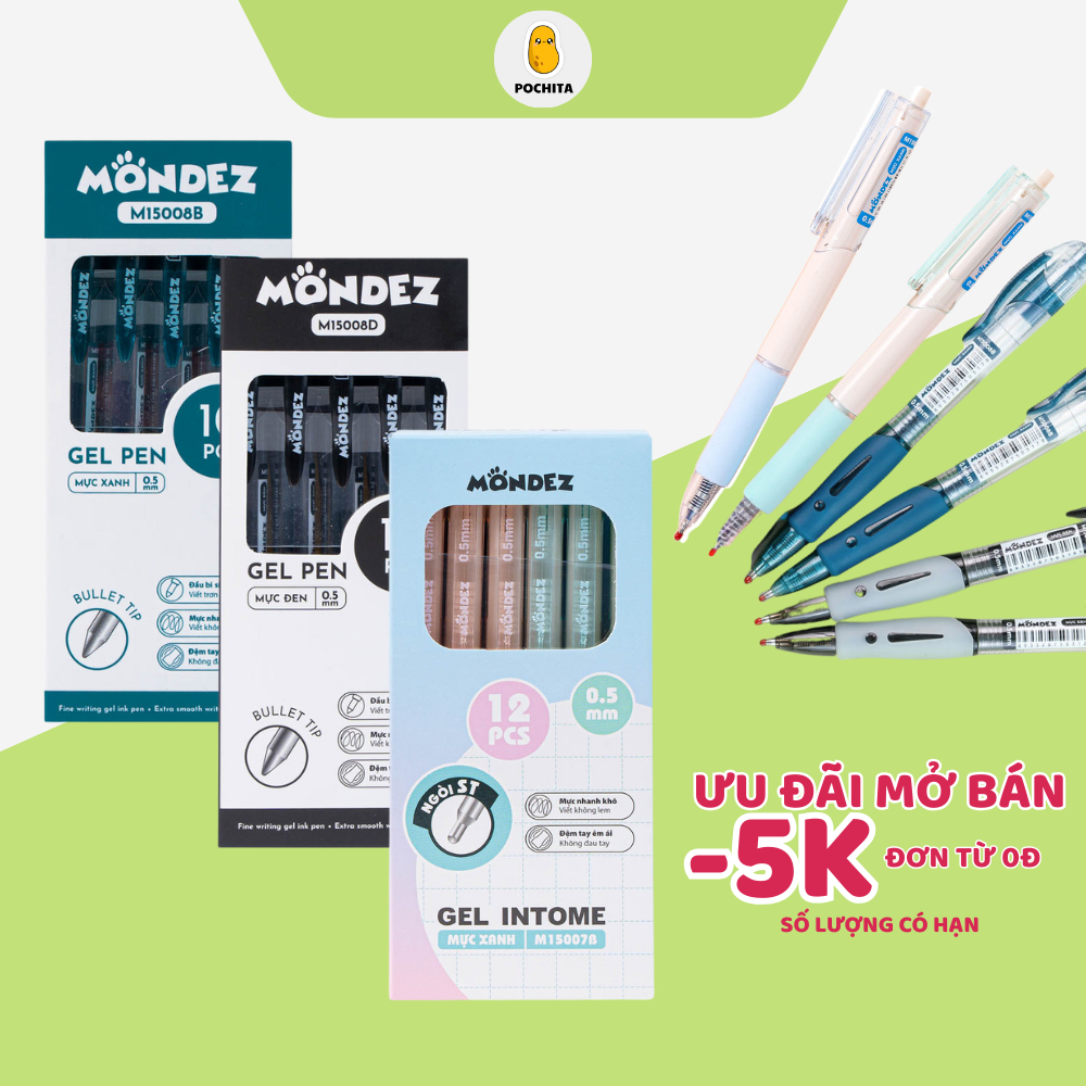 Hộp 10 Bút Bi Gel Bấm Mondez Ngòi 0.5mm Ngòi ST, Bút Gel Béo Mực Xanh ...