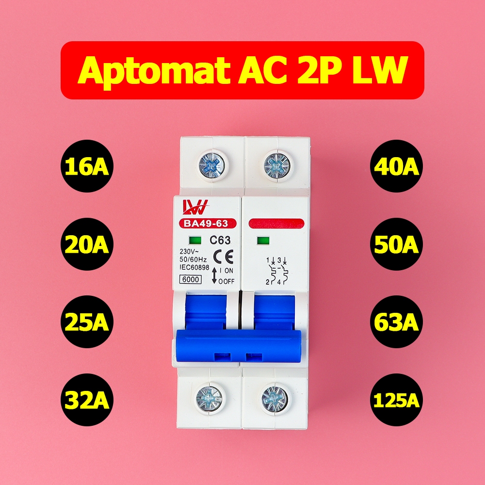 Aptomat AC 2P LW 16A 20A 25A 32A 40A 50A 63A ngắt mạch CB tép MCB 220V ...
