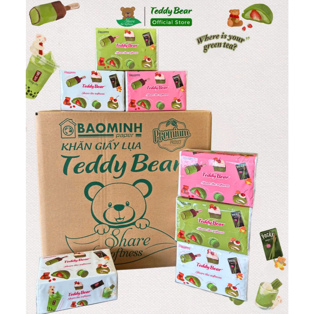 THÙNG 20 GÓI TẶNG 2 Giấy Ăn Rút Lụa Trắng 4 Lớp 360 Tờ TEDDY BEAR Essential Softness Mềm Mại ...