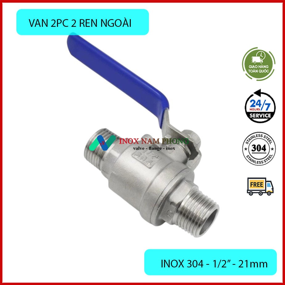 Van bi inox 304, 2pc ball valves, van 2 ren ngoài inox 304, van bi tay ...
