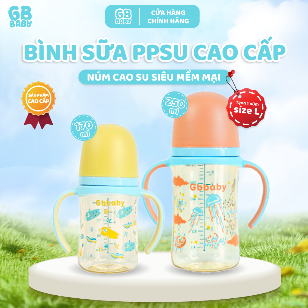 [Tặng 1 núm và bộ quả lọc] Bình sữa PPSU cao cấp Gb-Baby Cổ rộng tay cầm 170ml 250ml cổ rộng ...