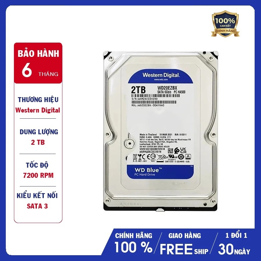 Ổ cứng PC HDD Western Digital Blue 2TB 3.5" SATA 3 6Gbps 7200Rpm ...