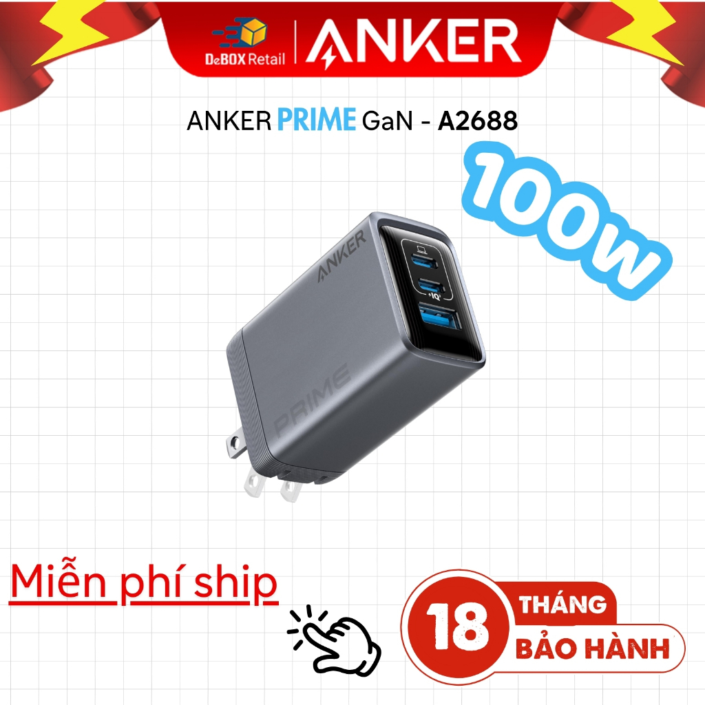 Củ Sạc Nhanh ANKER GaNPrime 100W 3 cổng 2C1A, hỗ trợ PD/PPS 2.0 45W, sạc 3 thiết bị cùng lúc ...