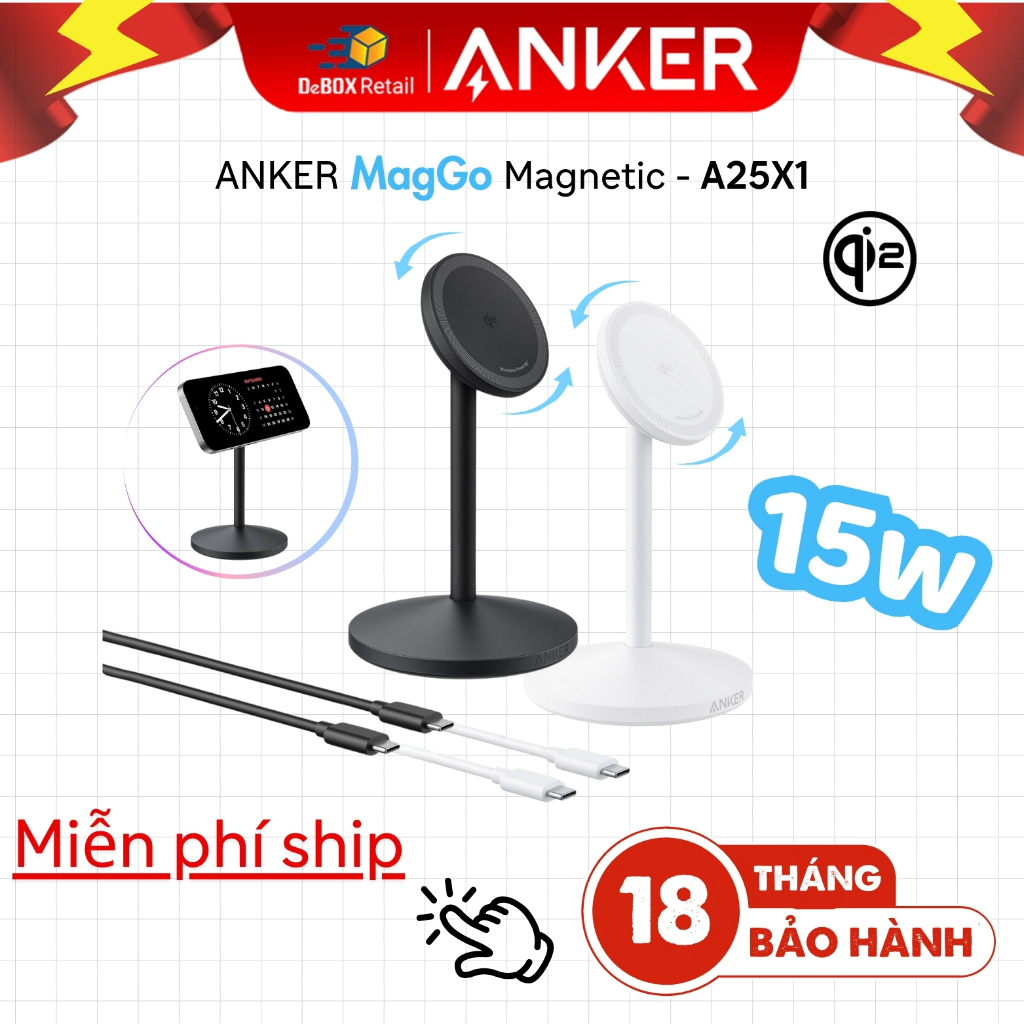Đế Sạc Không Dây HÍt Từ Tính ANKER MagGo Wireles Qi2 (Stand) 1C 15W với cáp C to C - A25X1 Chính ...