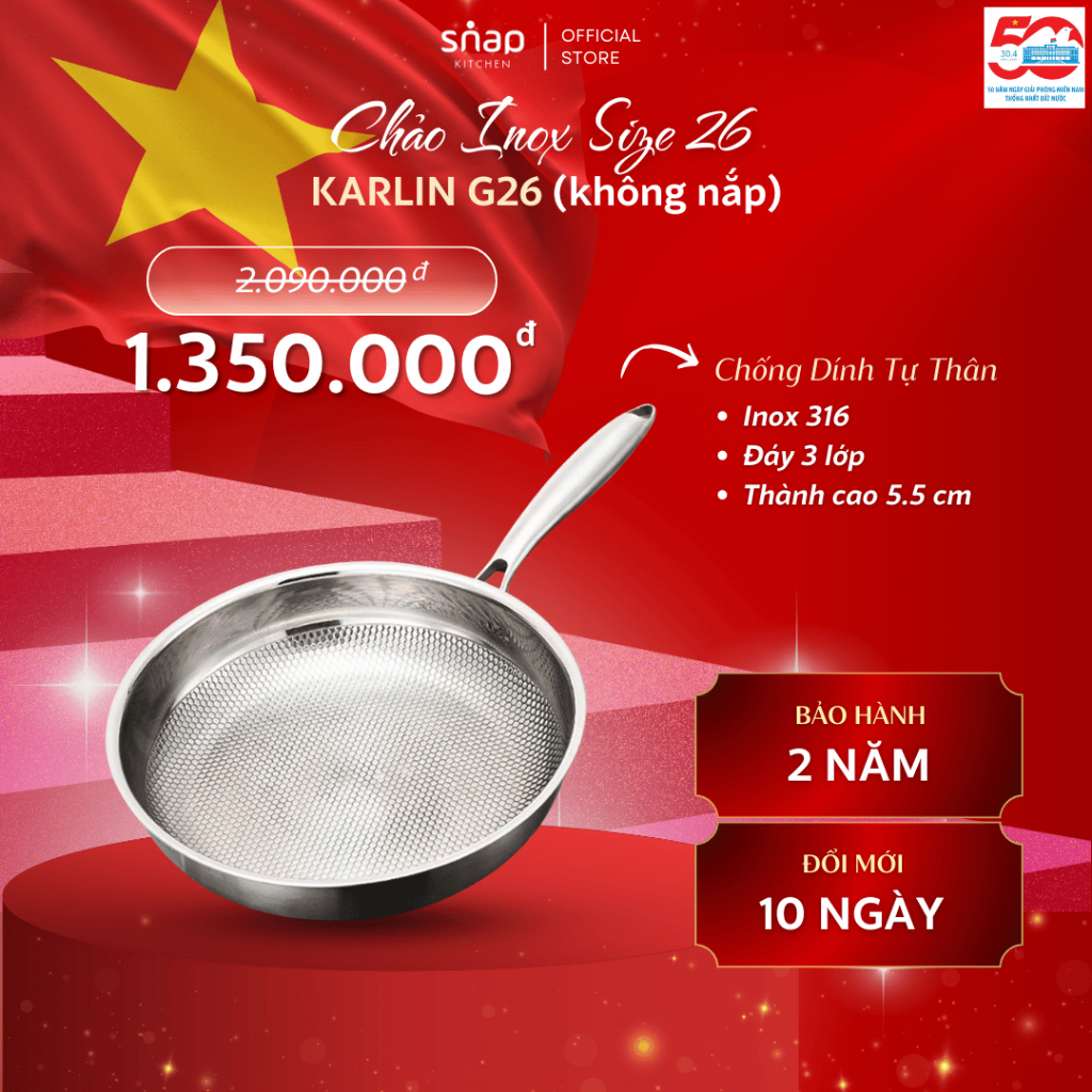 Chảo Inox 316 Karlin G26 Vân Lục Giác Đáy 3 Lớp Size 26cm Chống Dính Tự ...