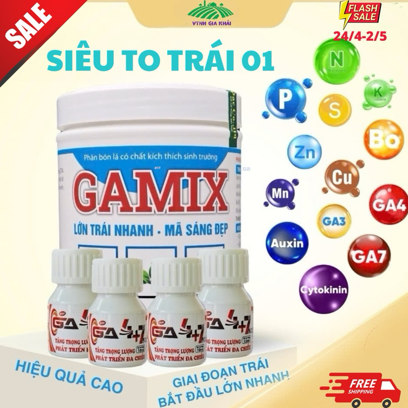 Siêu Lớn Trái 01 (1 HŨ GAMIX + 4 Chai GA4+7 10ml) Sử dụng cho trái giai đoạn bắt đầu phát triển ...