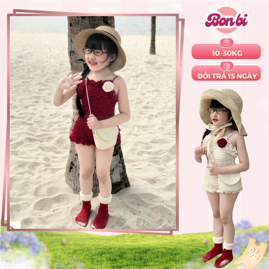 [B19] Jum cho bé gái Bonbi, váy di biển, đồ bơi cho bé vải giãn phối nơ kèm khăn băng đô phối ...