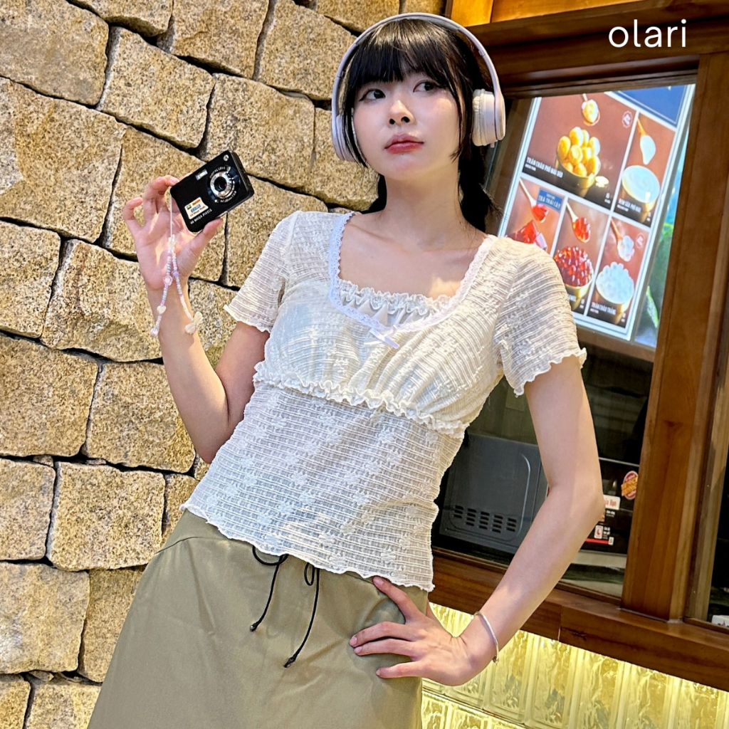 Áo Thun Ren Kiểu Nữ Cổ Vuông OLARI Phối Ren, Đính Nơ, Cuốn Biên Viền Áo ...