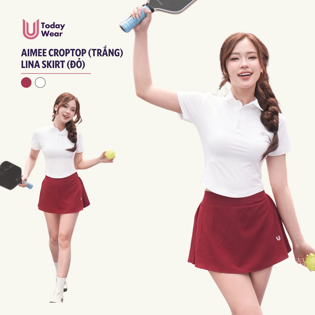 Set bộ đồ tập thể thao nữ cầu lông, pickleball áo Aimee croptop trắng mix chân váy Lina skirt đỏ ...