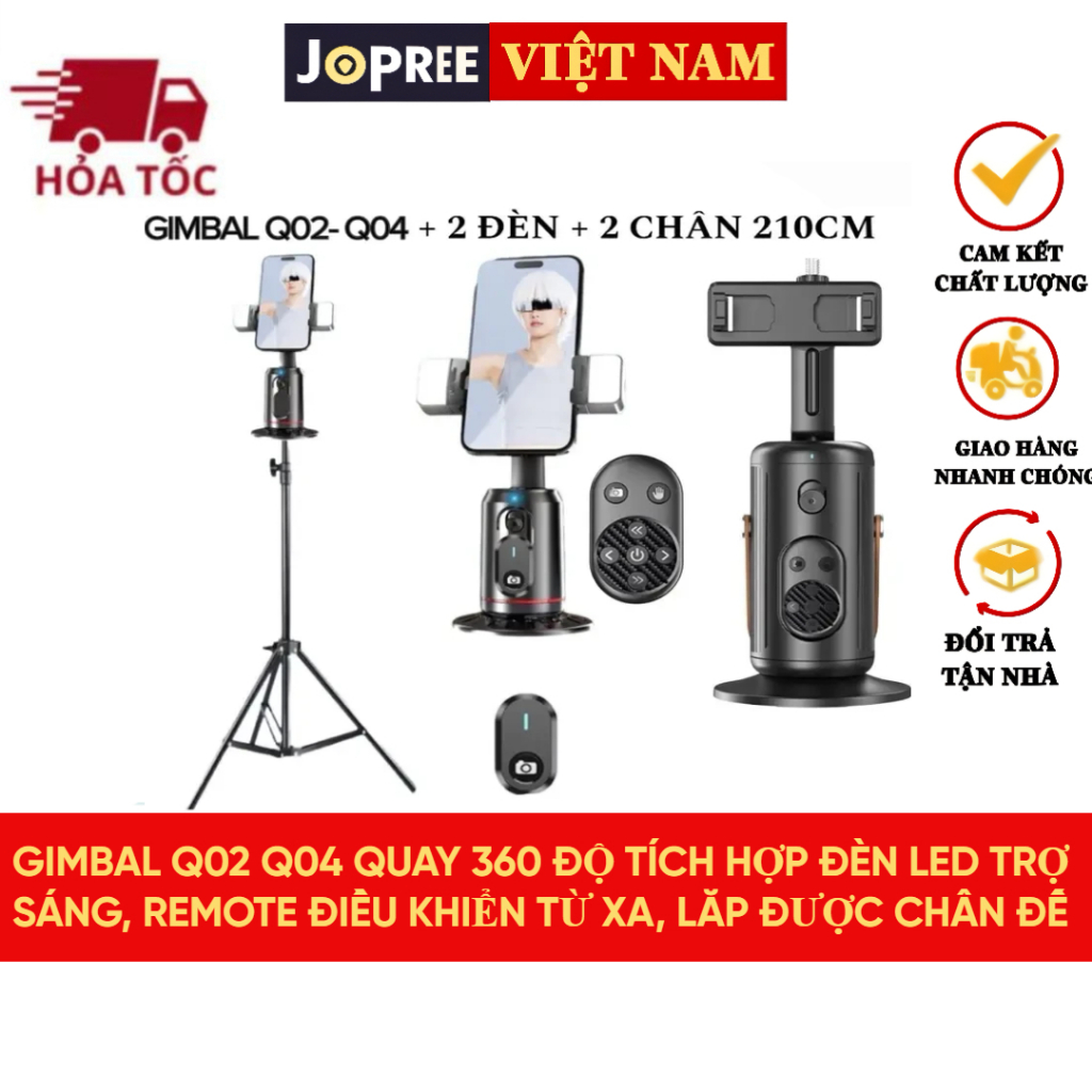 GIMBAL Q02 - Q04 QUAY 360 ĐỘ, TÍCH HỢP ĐÈN LED TRỢ SÁNG, REMOTE ĐIỀU KHIỂN TỪ XA, LĂP ĐƯỢC CHÂN ...