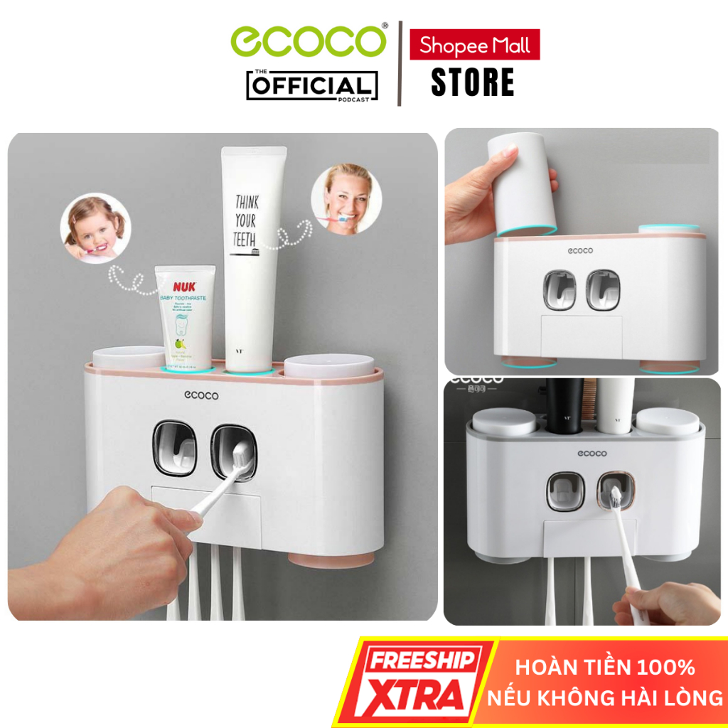 Bộ Nhả Kem Đánh Răng ECOCO 4 Cốc 2 Nhả Kem E1802, Kệ Để Bàn Chải Dán Tường Cao Chất liệu Nhựa ...