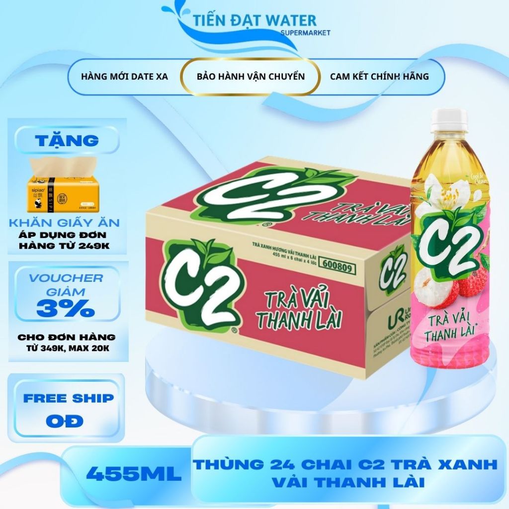 Thùng 24 Chai C2 Trà Xanh Vải Thanh Lài - Chai Nhựa 455ml - Date Mới, Chính Hãng, Đóng Gói Kỹ ...
