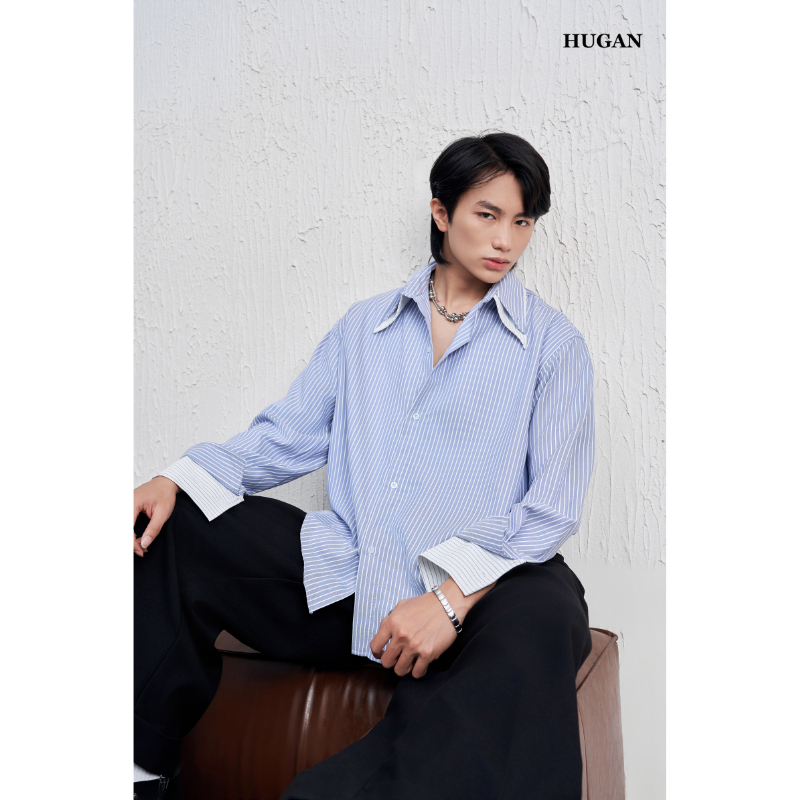 Áo sơ mi kẻ sọc Cổ Kép dài tay chất liệu Cotton lụa Form rộng HUGAN STORE HG11 | Shopee Việt Nam