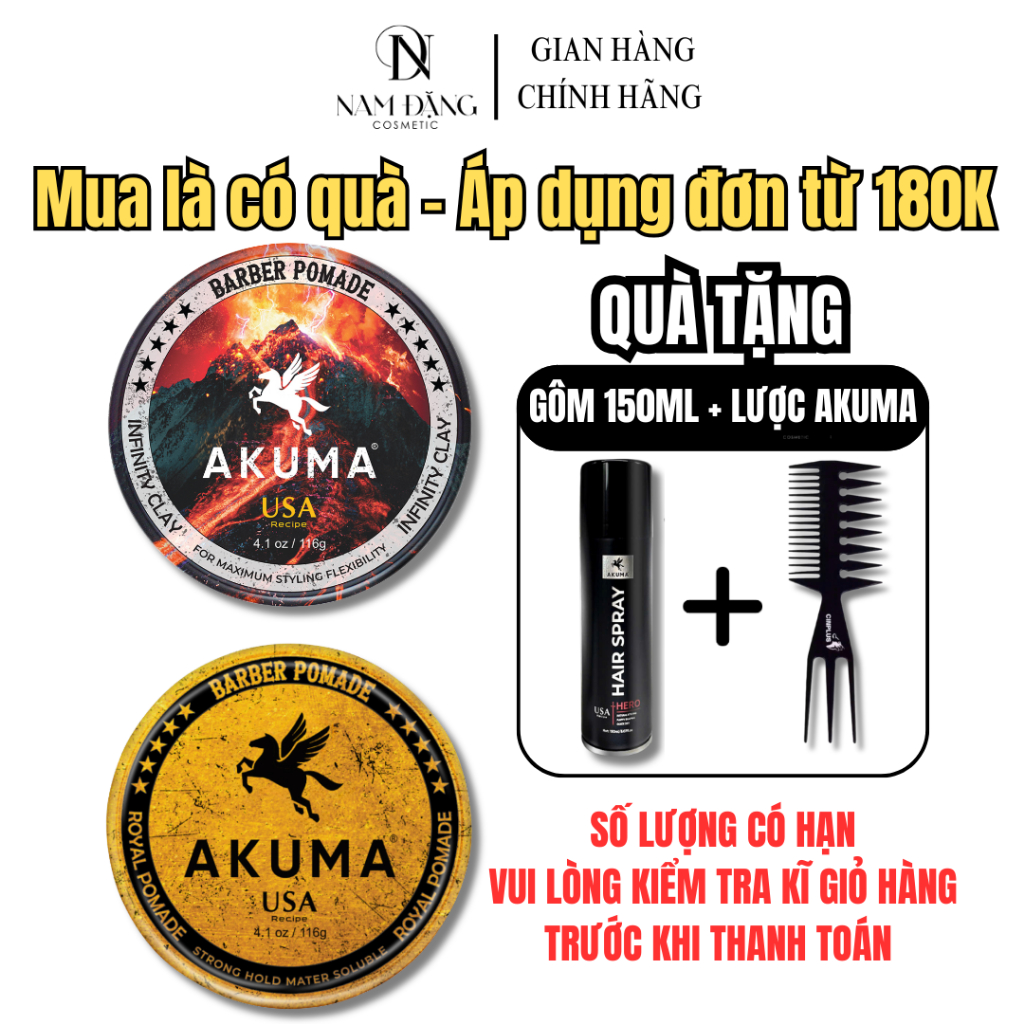 (full line) AKUMA Sáp Vuốt Tóc Tạo Kiểu Infility Clay 56g/116g, Royal Pomade 56g/116g, Xịt Phồng ...