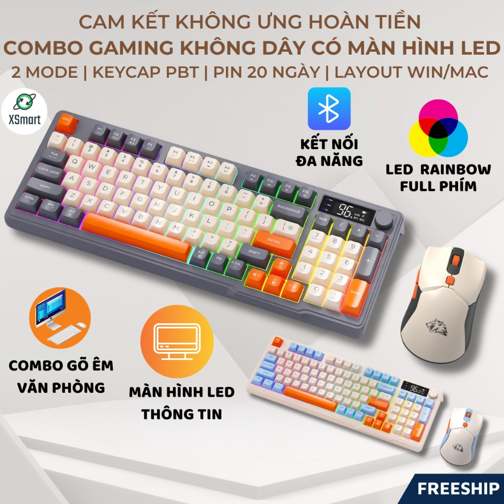 Bộ Bàn Phím Chuột Bluetooth Văn Phòng T96 Full LED, Keycap PBT, 2 Mode Tương Thích Nhiều Thiết ...