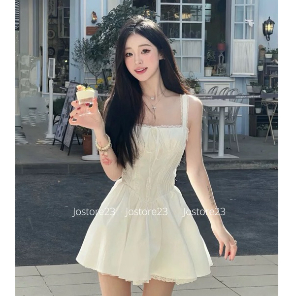 Váy 2 Dây Trắng Nhún Ngực Ly Eo Dáng Xoè Phối Viền Ren Jo"Store 5040 | Shopee Việt Nam