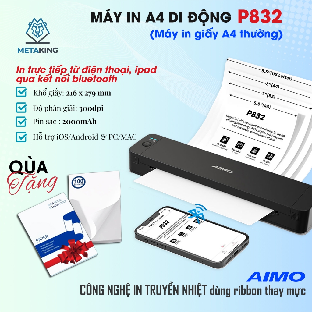 Máy In Di Động Tài Liệu P832 - In giấy A4 thường - In nhanh file từ iPhone - iPad - Tặng 1 xấp ...