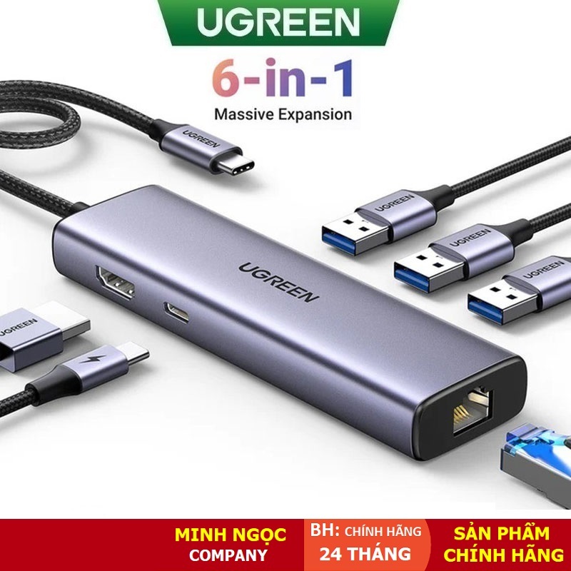 Bộ chuyển đổi đa năng HUB 6 in 1 USB-C ra HDMI 4K@30Hz, USB 3.0, LAN ...
