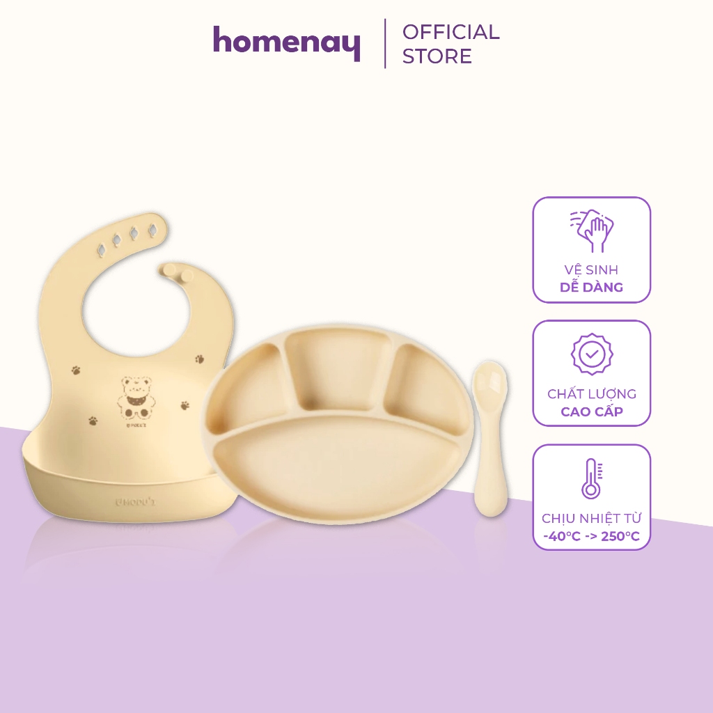 Combo Khay ăn dặm oval chia 4 ngăn & Yếm họa tiết & Thìa nhỏ Silicone ...