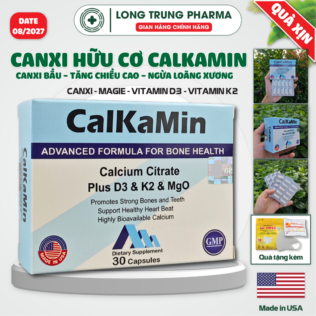 CALKAMIN [+ QUÀ XỊN] Bổ Sung Canxi Hữu Cơ, Magie, D3, K2-Mk7 Giúp Tăng Chiều Cao, Xương Chắc ...
