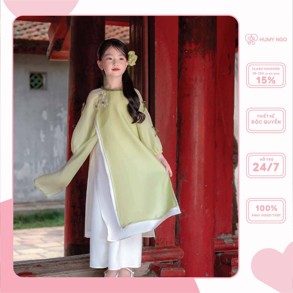 Áo dài bé gái HUMY NGO combo mẹ và bé màu xanh cốm thiết kế xẻ tà cho bé từ 14 - 42kg [AD99 ...