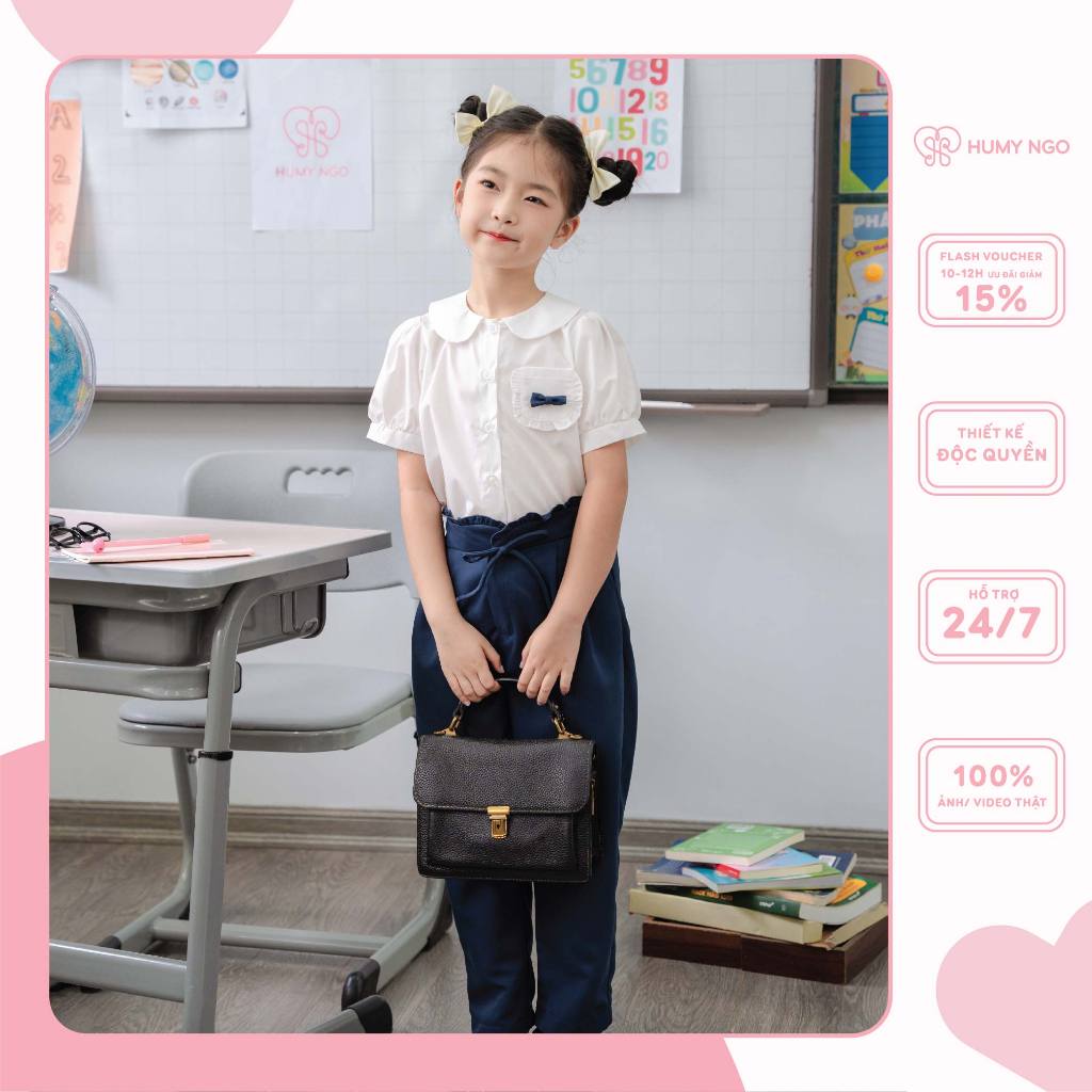 Set đi học bé gái HUMY NGO áo sơ mi và quần chất liệu mềm mại, thoáng ...