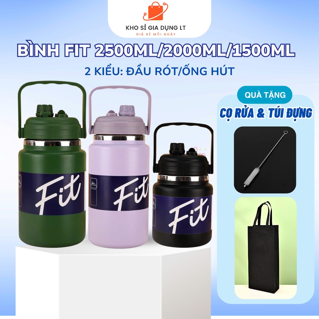 (Tặng túi vải)Bình giữ nhiệt dung tích lớn FIT 2500ml/2000ml/1500ml miệng rộng dáng lùn trên nắp ...