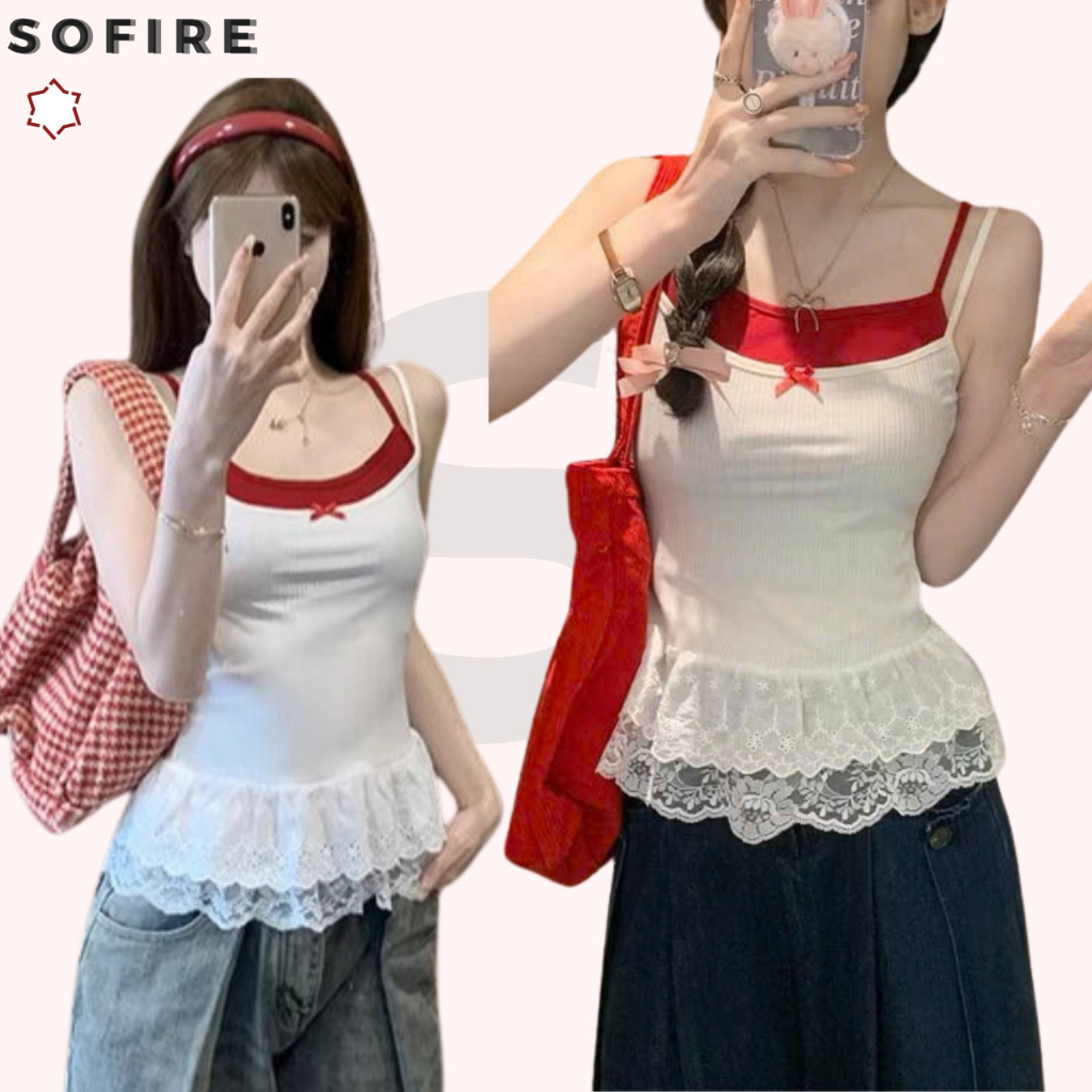 Set Áo Hai Dây Dáng Dài Viền REn Kèm Bra Cổ Yếm Tôn Dáng SOFIRE, Áo Vest Nữ Tiểu Thư Chất Gân ...