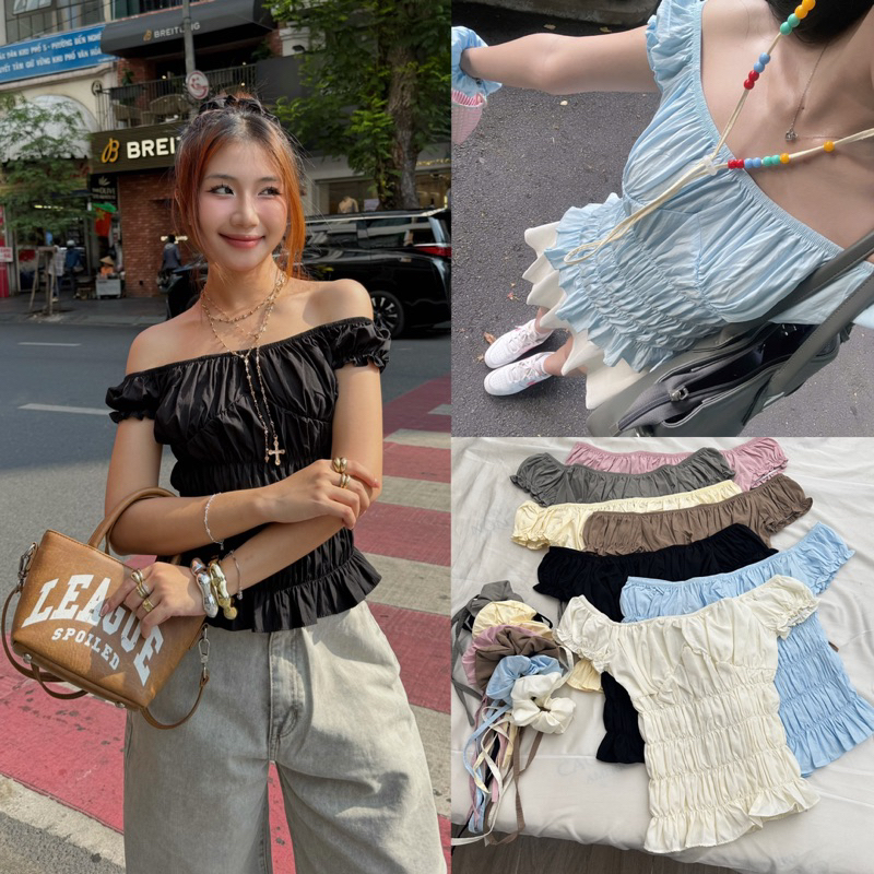 [TẶNG SCRUNCHIE + DÂY DÀI] SUMI TOP - Áo Nhún DEROSE Trễ Vai Co Giản ...
