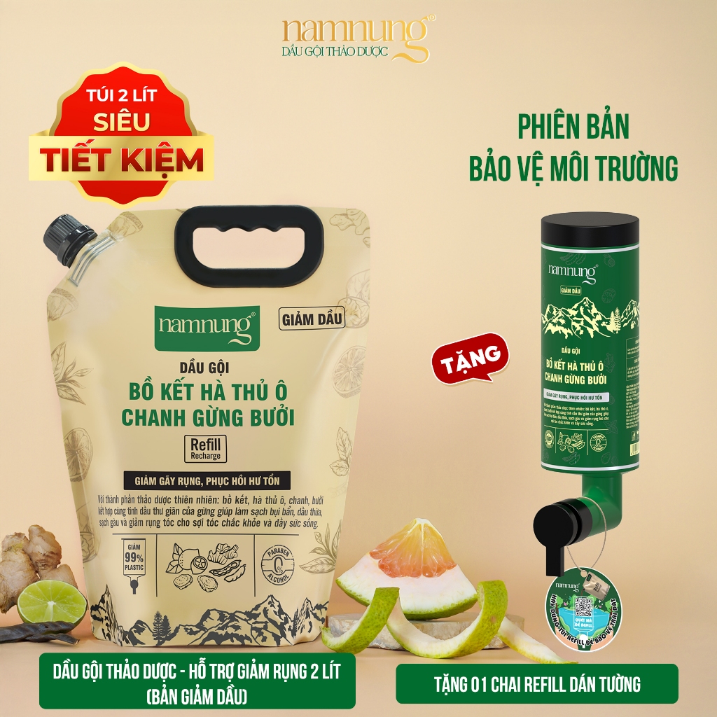 Dầu Gội Thảo Dược Kiềm Dầu Phồng Tóc NAMNUNG Giảm Gàu Rụng|Túi Refill 2000Ml Kèm Chai Refill ...