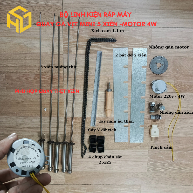 Máy nướng thịt chả, lò quay thịt loại mini 5 xiên đơn motor 4W, bộ linh ...