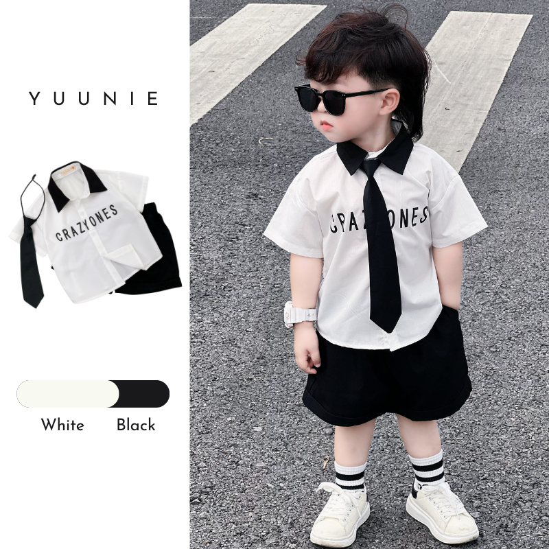 Bộ sơmi bé trai kèm cà vạt Yuunie chất liệu thô lụa quần kaki mềm hình ...