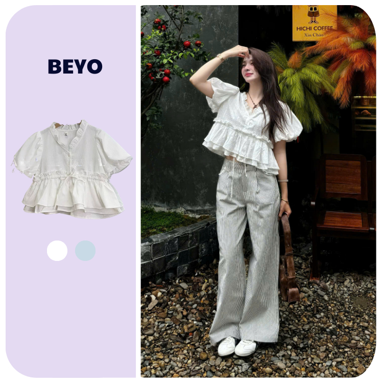 Áo babydoll tay phồng Beyo dáng layer bèo form rộng cổ V chất ren xô ...