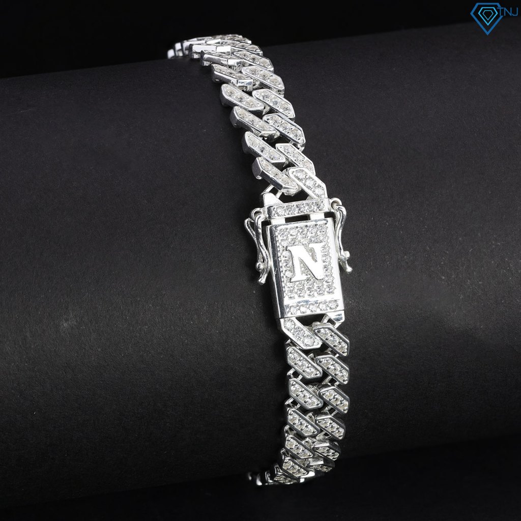 Vòng tay cuban bạc nam đính đá sang trọng bản nhỏ 8mm khoá hộp gắn chữ ...