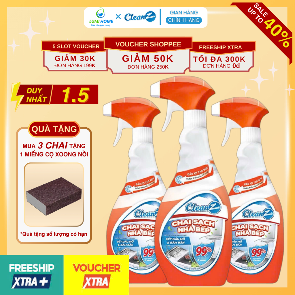 Chai Sạch Nhà Bếp Cleanz Làm Sạch Dầu Mỡ, Vết Ố Vàng, Thơm Mùi Chanh ...