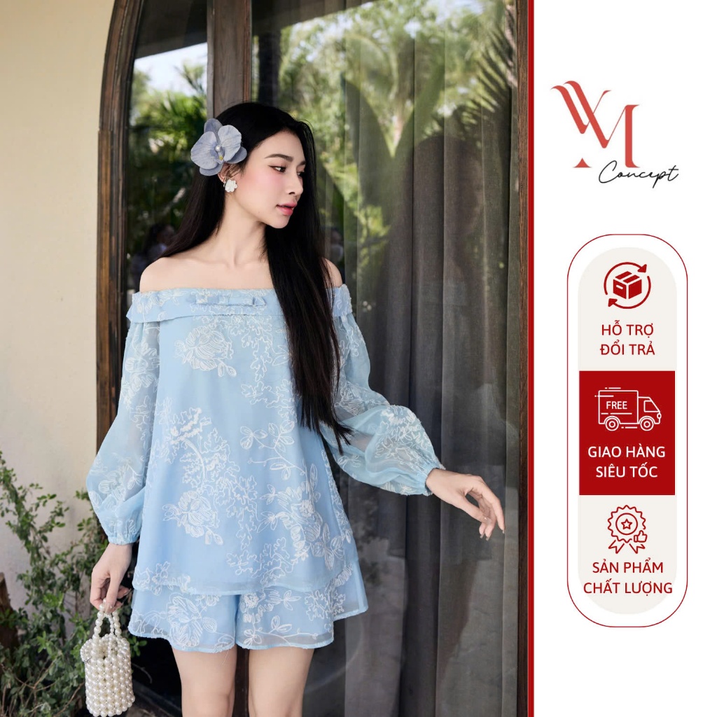 YM Concept Sét Áo Trễ Vai Thêu Hoa Tay Phồng Phối Quần Short Ống Rộng - Màu Be/Xanh D1198 YM ...